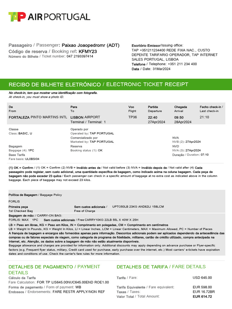 Recibo de Bilhete Eletrônico TAP Portugal | PDF