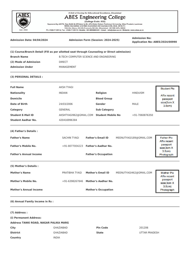 ABES Engineering College Admission Form 2024 | PDF | Qualifications