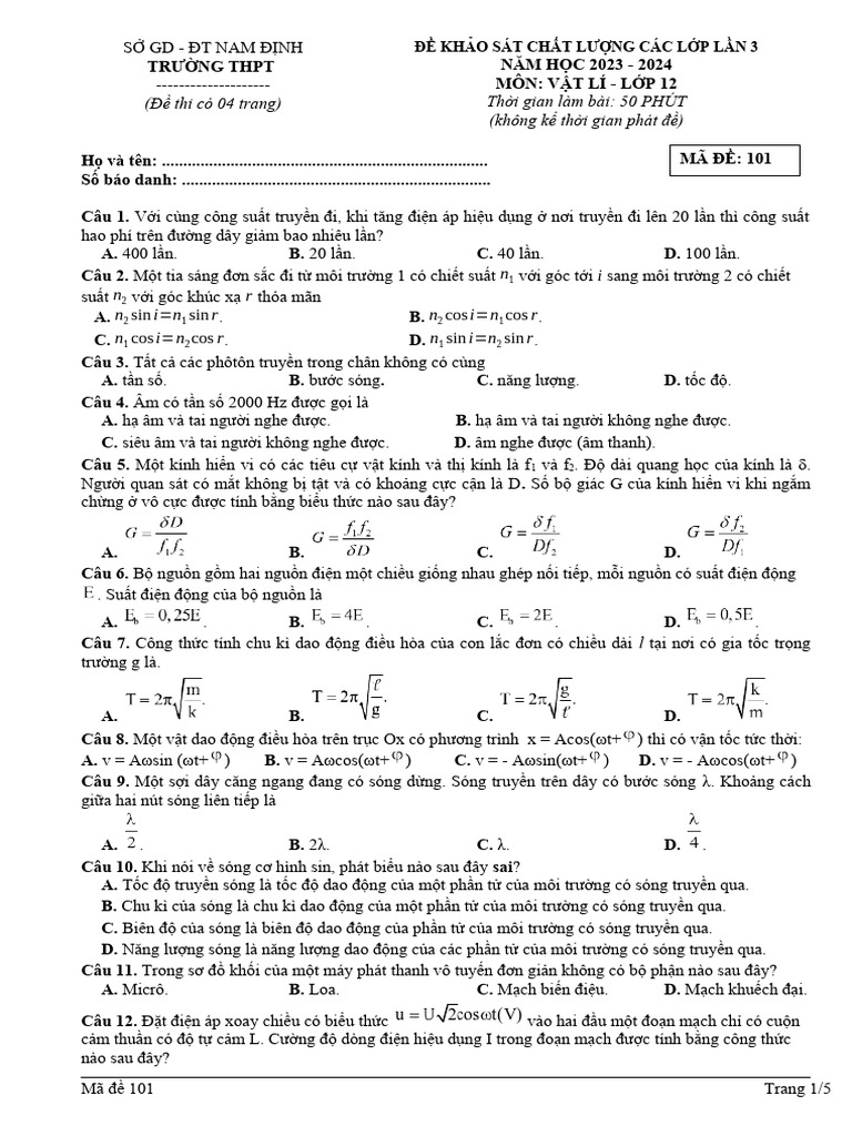 MÃ ĐỀ 101 | PDF