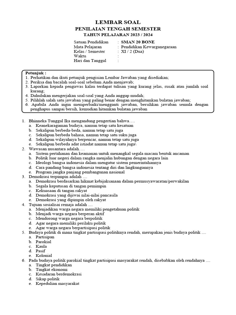 Soal PKN Kelas Xi Semester 2 | PDF | Politik