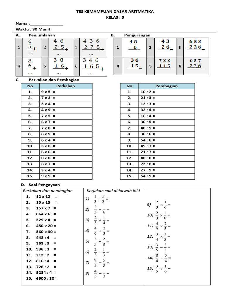 Tes Kemampuan Dasar Aritmatika Kelas 5 | PDF