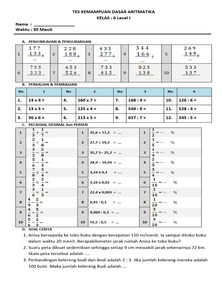 Tes Kemampuan Dasar Aritmatika Kelas 6 | PDF | Metode & Bahan Ajar