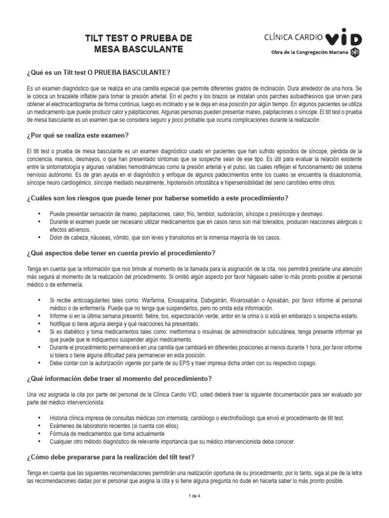 Guía del Tilt Test: Procedimiento y Cuidados | PDF | Medicina CLINICA ...