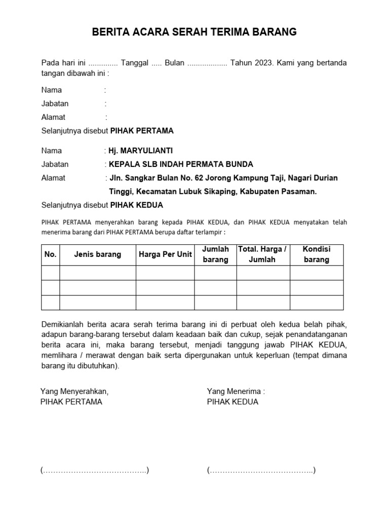 Berita Acara Serah Terima Barang 2023 | PDF
