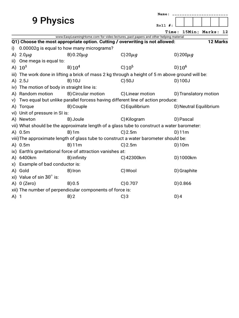 9 Physics - Test Maker @ | PDF | Force | Applied And Interdisciplinary ...