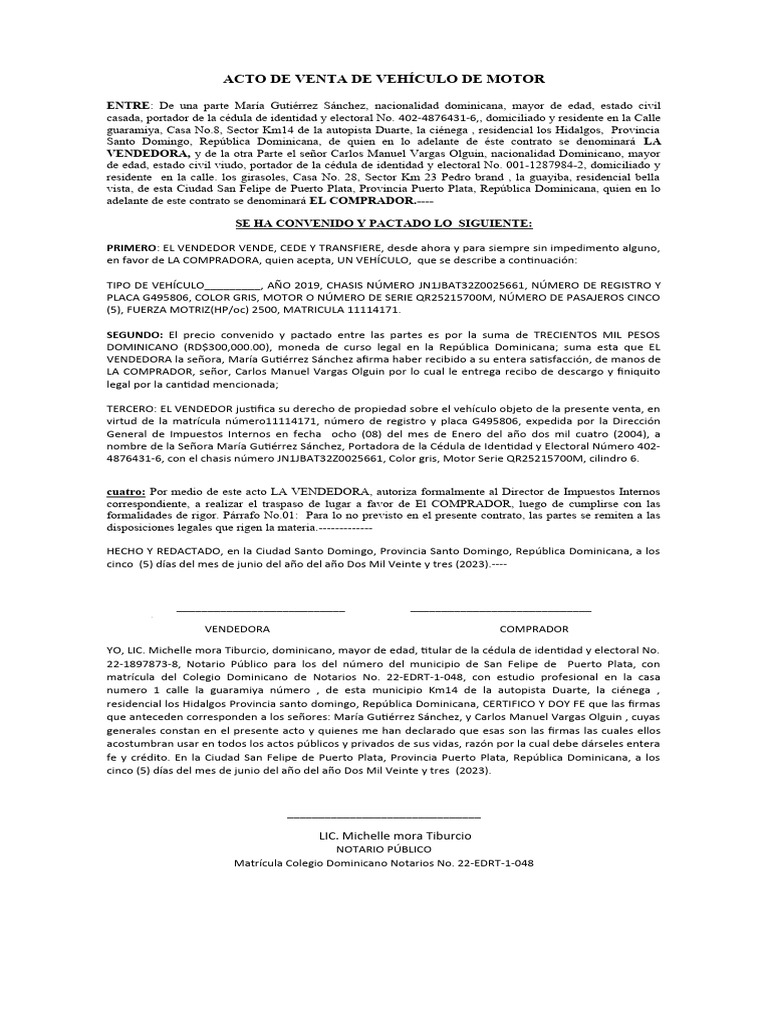 ACTO-DE-VENTA-DE-VEHICULO-DE-MOTOR - Michelle | PDF | República Dominicana | Documento de identidad