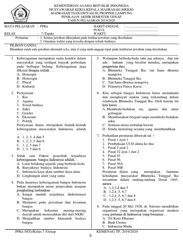 PKN 7 GENAP TP. 2019-2020 | PDF | Ilmu Sosial