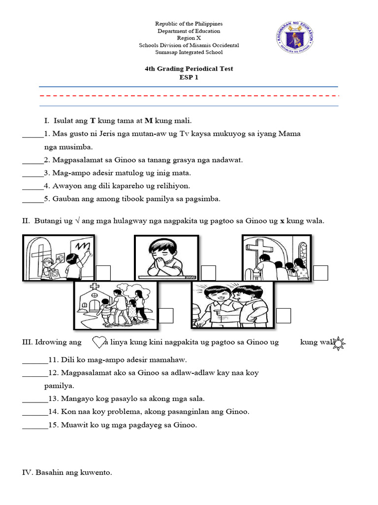 ESP Grade 1 4th Quarter Exam | PDF