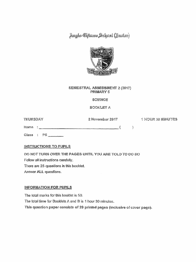 P5 Science SA2 2017 ACS Exam Papers | PDF