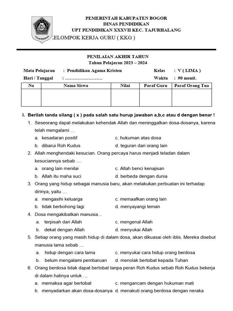 Lembar Kerja Agama Kristen Kelas V | PDF