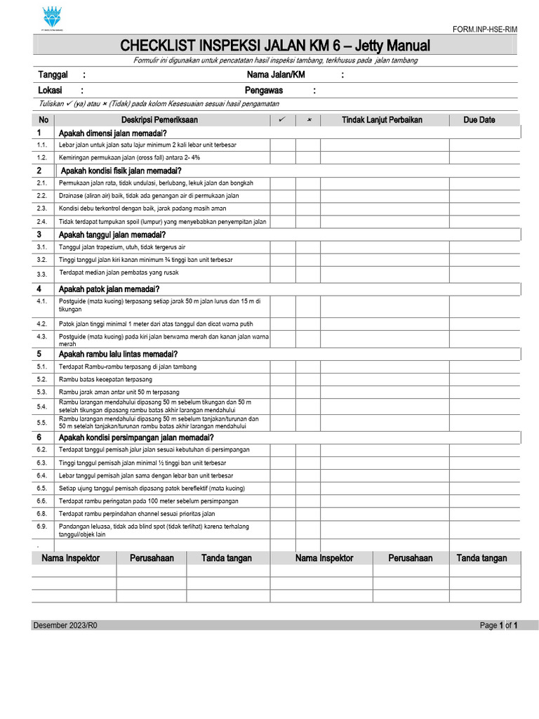Form Inpeksi Jalan KM 6 - Jetty Manual | PDF