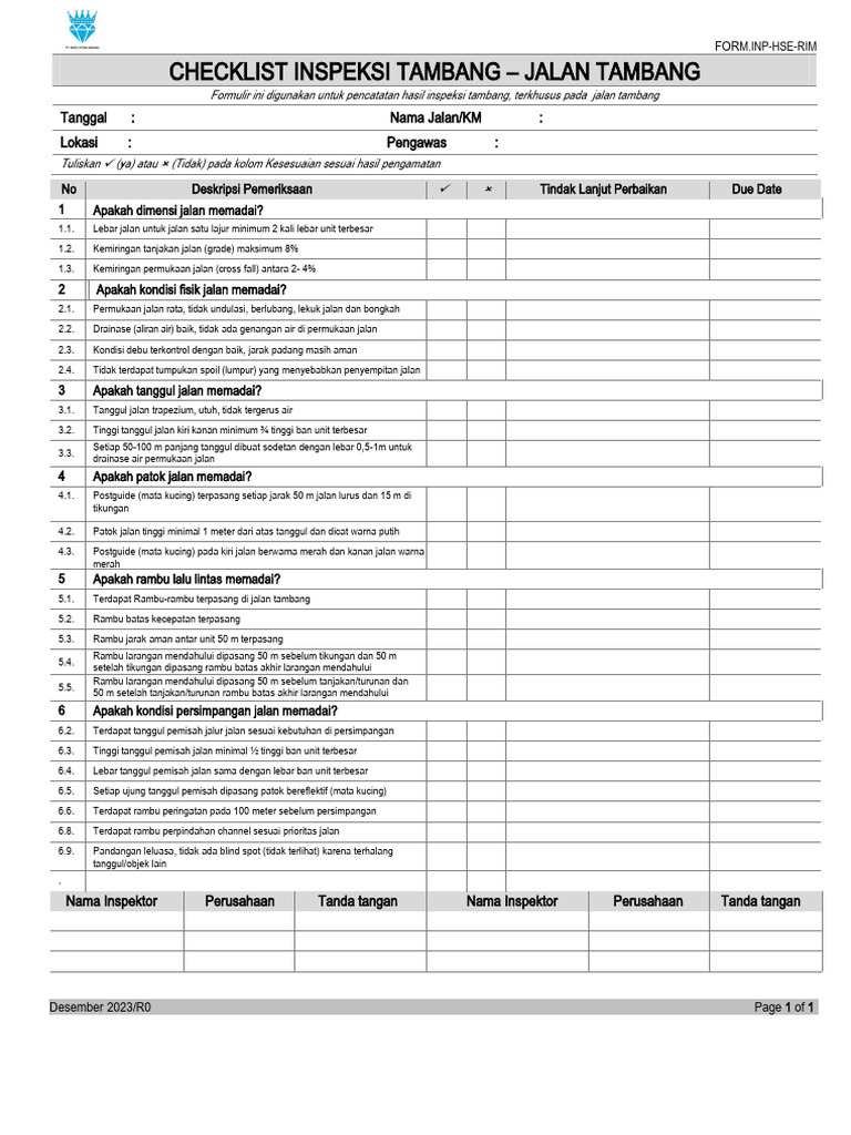 Form Inpeksi Jalan Tambang Hauling | PDF
