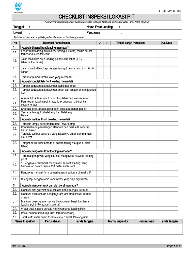 Form Inspeksi PIT | PDF