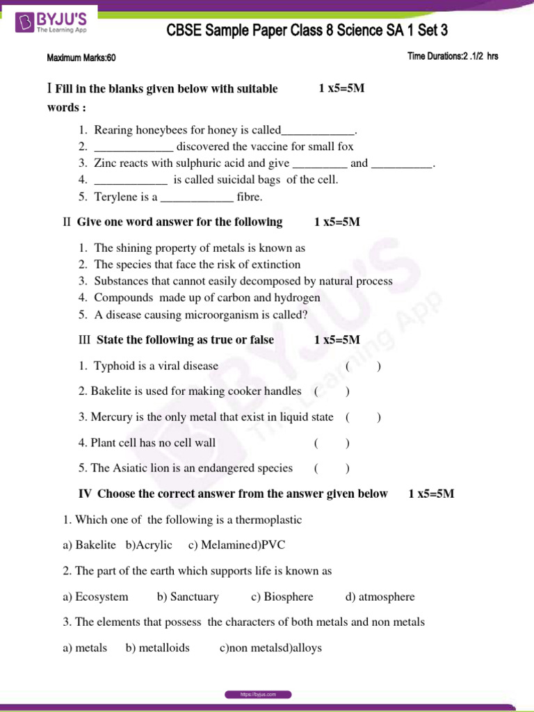 CBSE Sample Paper For Class 8 Science SA1 Set 3 | PDF | Metals | Oxide