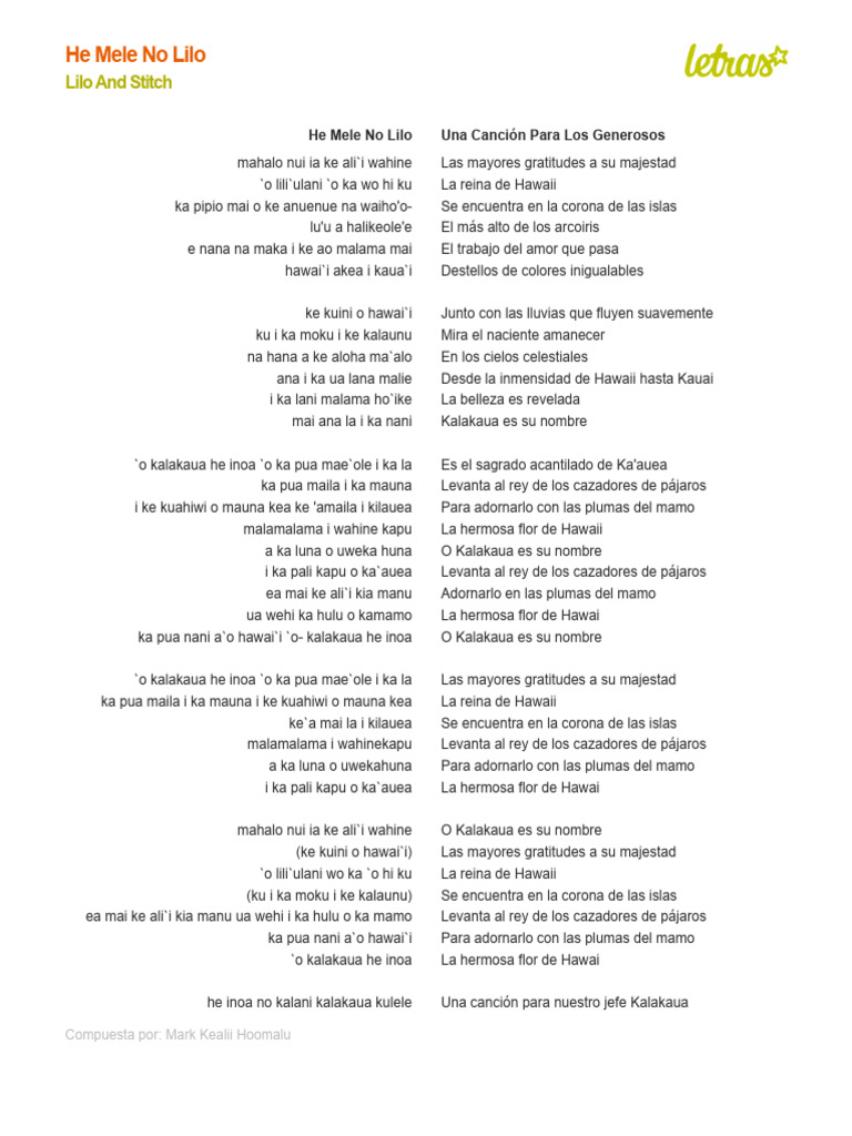 He Mele No Lilo TraducciÓn Lilo And Stitch Pdf