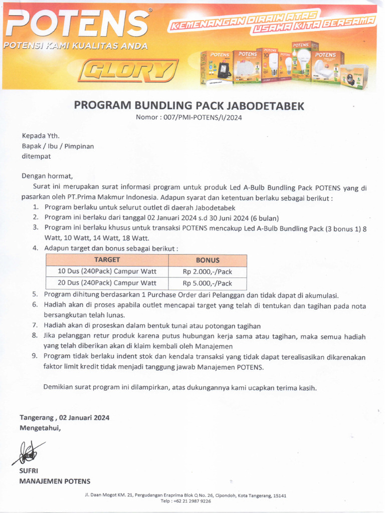 007 Surat Program Bundling Pack Jabodetabek Jan'24-Jun'24 | PDF
