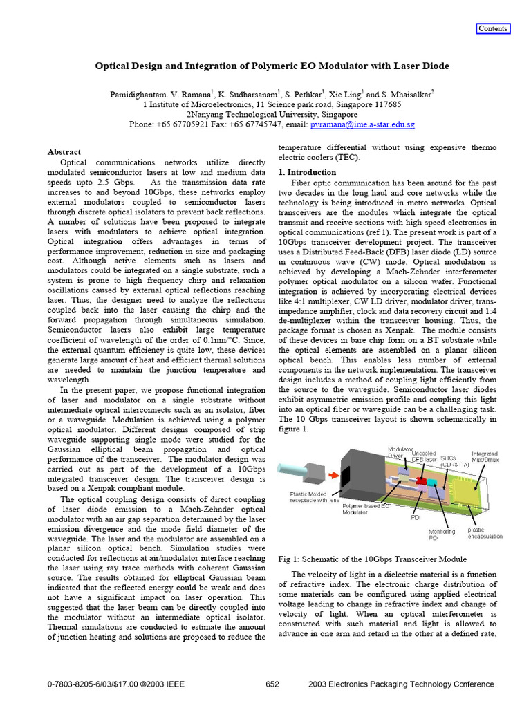 Optical Design and Integration of Polymeric EO Modulator With Laser Diode | PDF | Laser Diode ...