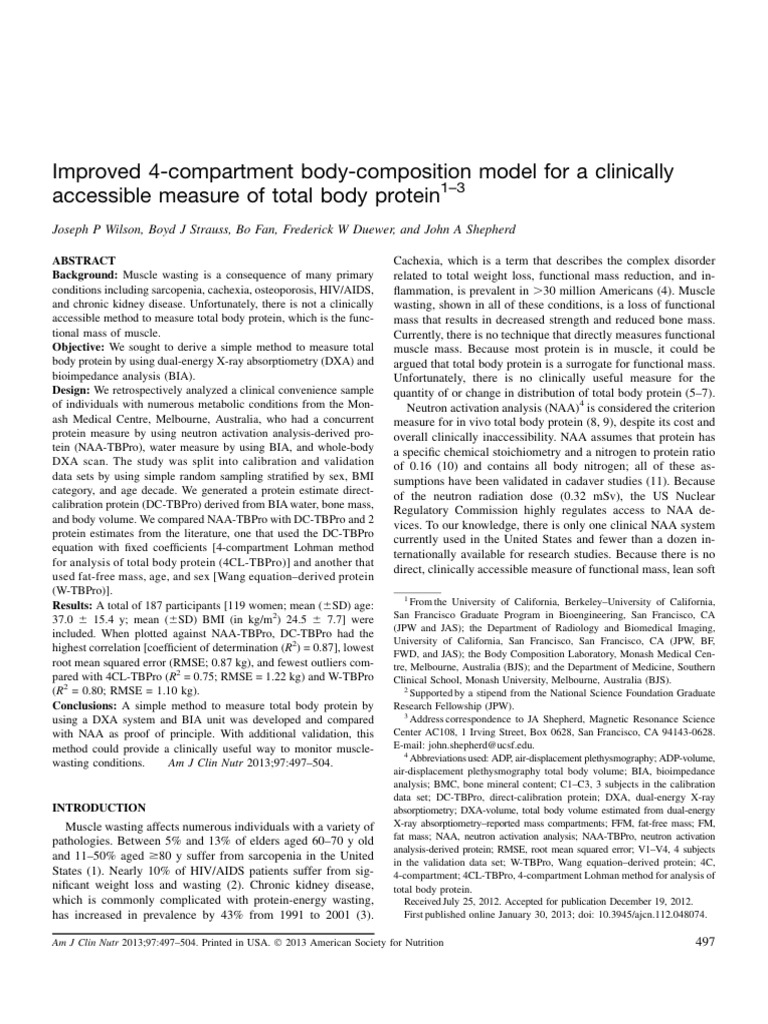 Improved 4-compartment body-composition model for a clinically accessible measure of total body ...