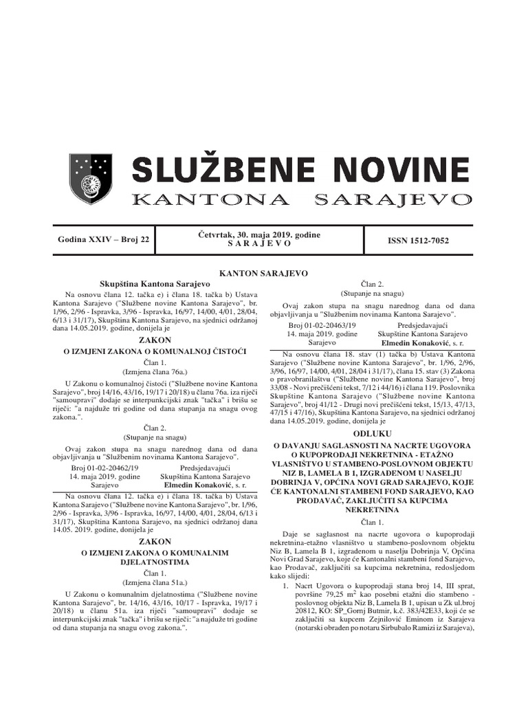 Službene Novine Kantona Sarajevo (Godina 24, Broj 22 30.5.2019) | PDF