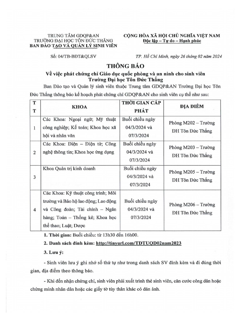 04.TB phát chứng chỉ GDQP&AN TDTU QĐ02.2023 | PDF