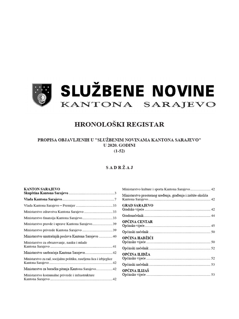 Službene Novine Kantona Sarajevo - Hronološki Registar Propisa ...