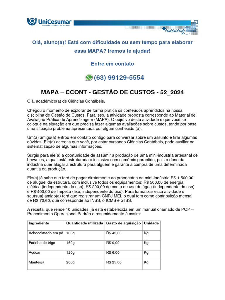 Mapa - Ccont - Gestão de Custos - 52 - 2024 | PDF | Despesa | Economias