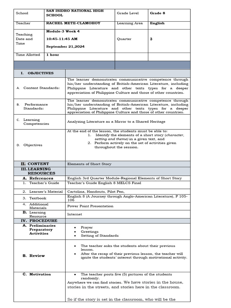 Grade 8 English Short Story Elements Lesson | PDF | Learning | Teachers