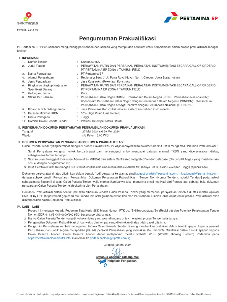 Prakualifikasi Tender Pertamina EP Zona 7 | PDF