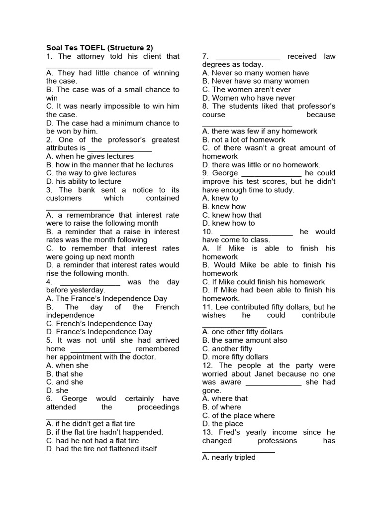 TOEFL Structure Test Questions and Answers | PDF