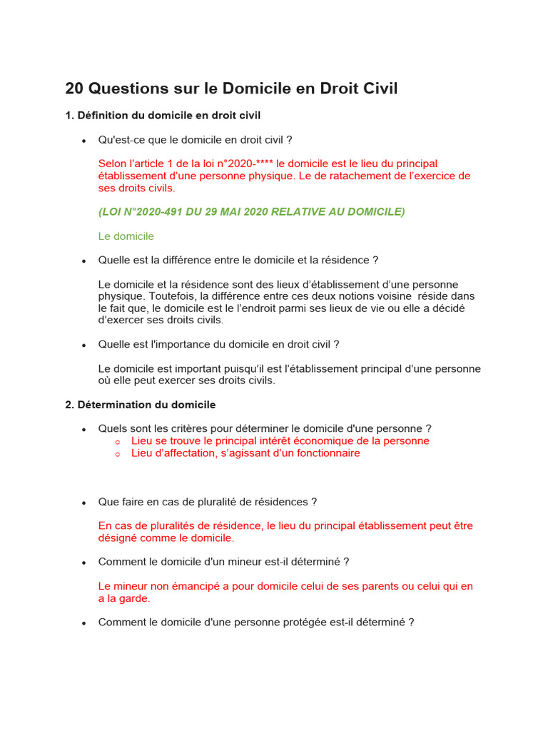 Domicile en Droit Civil : 20 Questions clés | PDF | Loi internationale ...