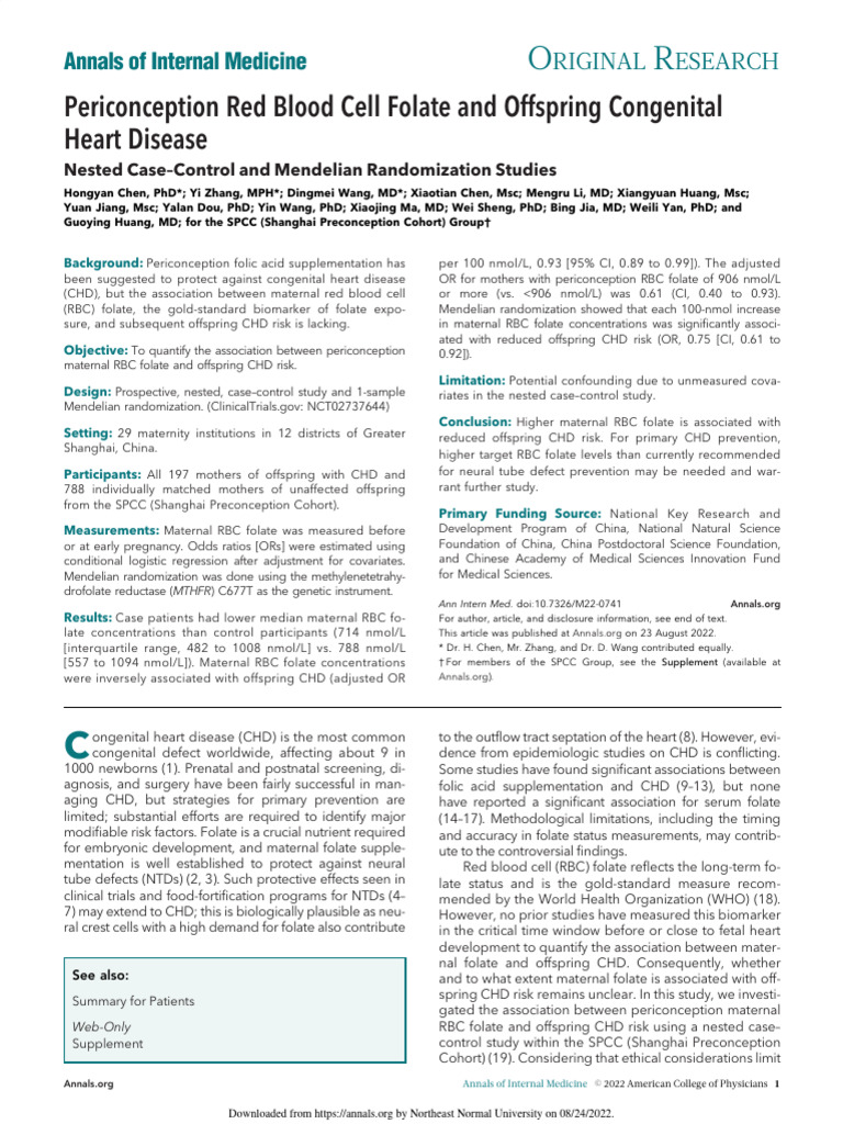 Periconception Red Blood Cell Folate and Offspring Congenital Heart ...