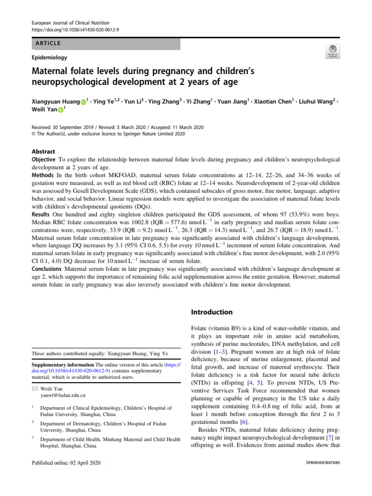 Maternal Folate Levels During Pregnancy and Children's ...