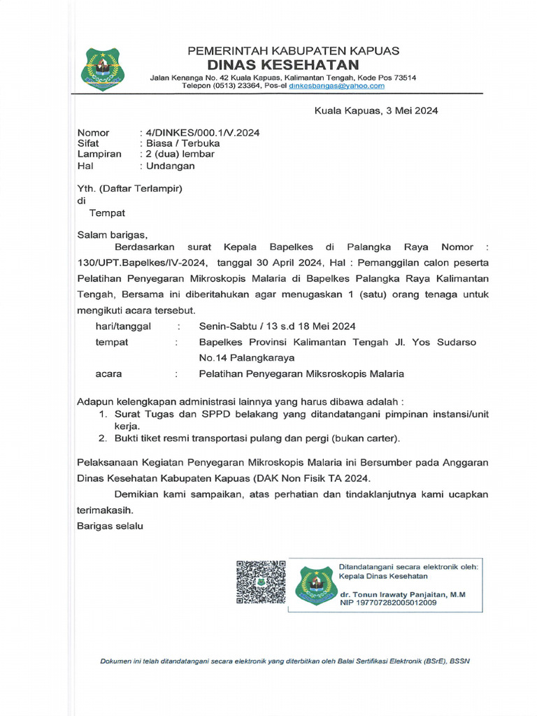 Revisi-Undangan Pelatihan Penyegaran Mikroskopis Malaria - TA 2024 | PDF