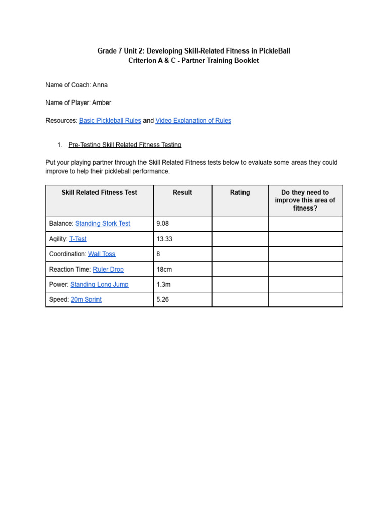 Developing Skill-Related Fitness in PickleBall | PDF | Rubric (Academic)