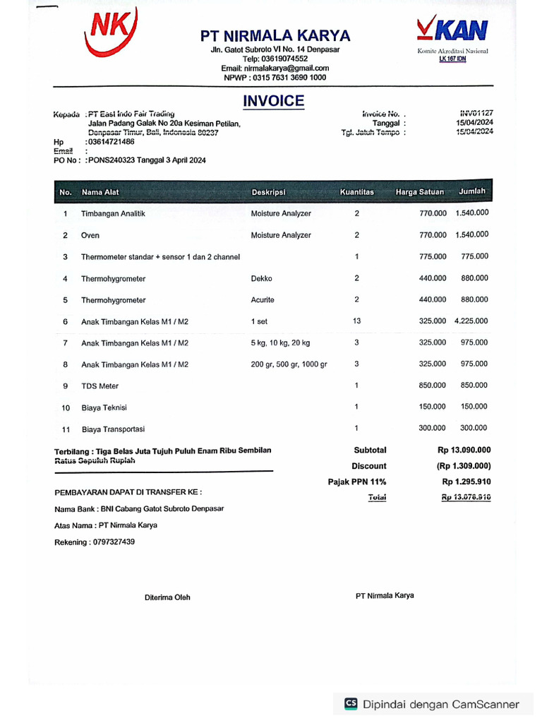 Invoice PT East Indo Fair Trading | PDF