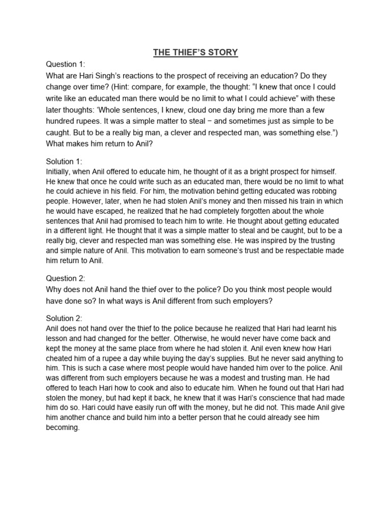 question and answers on thief's story | PDF