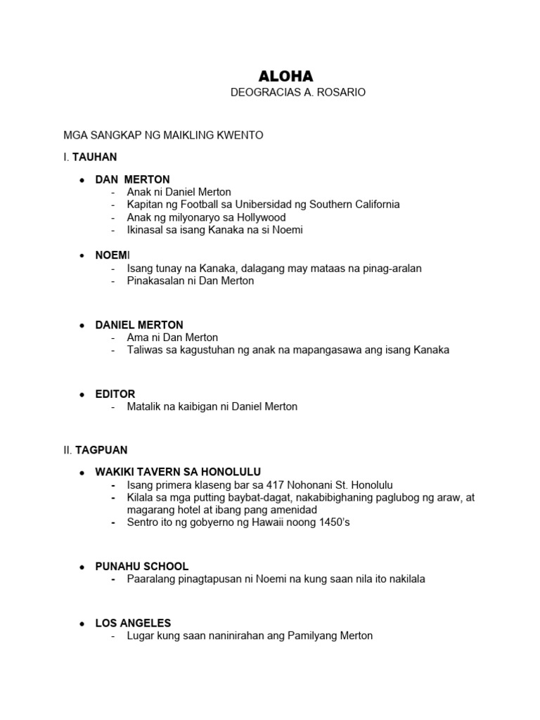 Buod NG Aloha Ni Deogracias A. Rosario | PDF