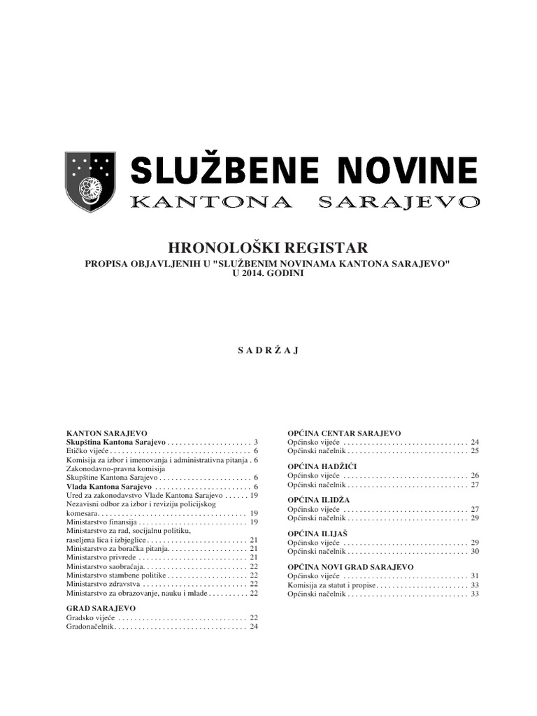 Službene Novine Kantona Sarajevo - Hronološki Registar Propisa ...