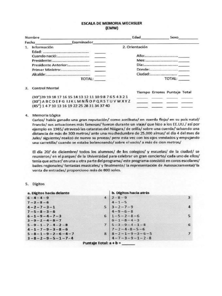 5 Protocolo Escala de Memoria de Wechsler | PDF