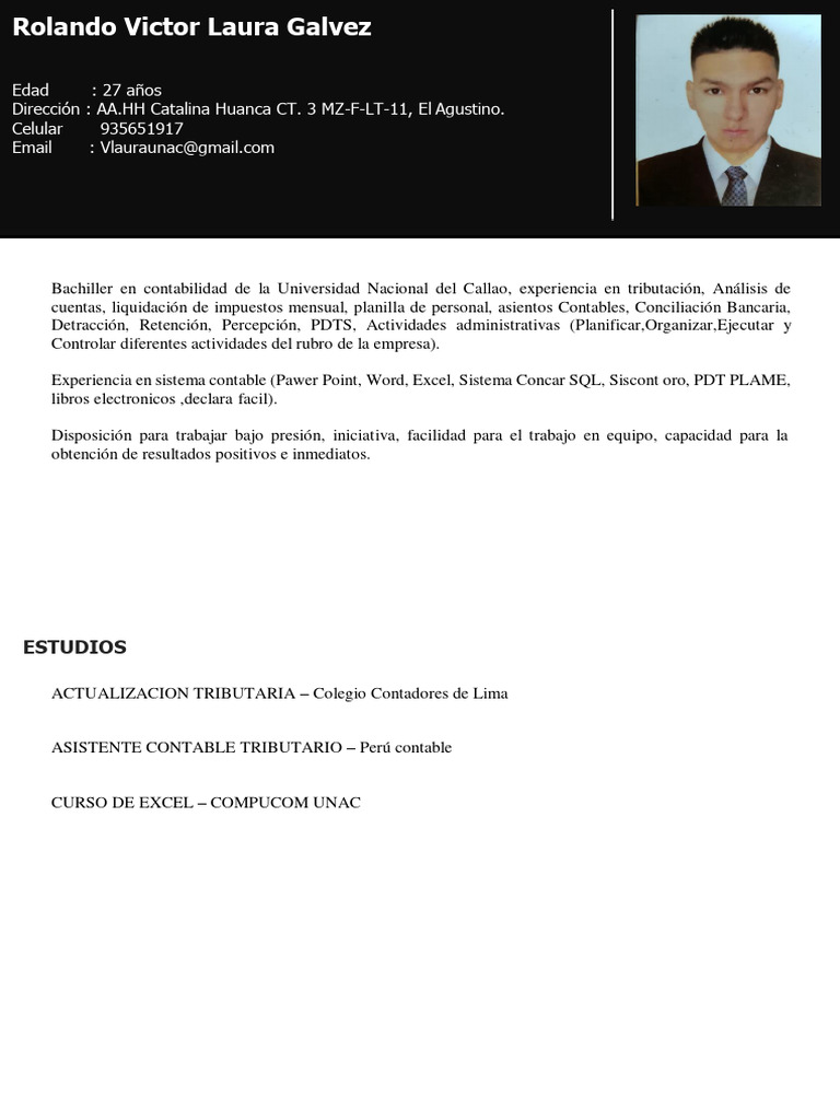 C.V. LAURA GALVEZ ROLANDO VICTorr | PDF | Contabilidad | Economía ...