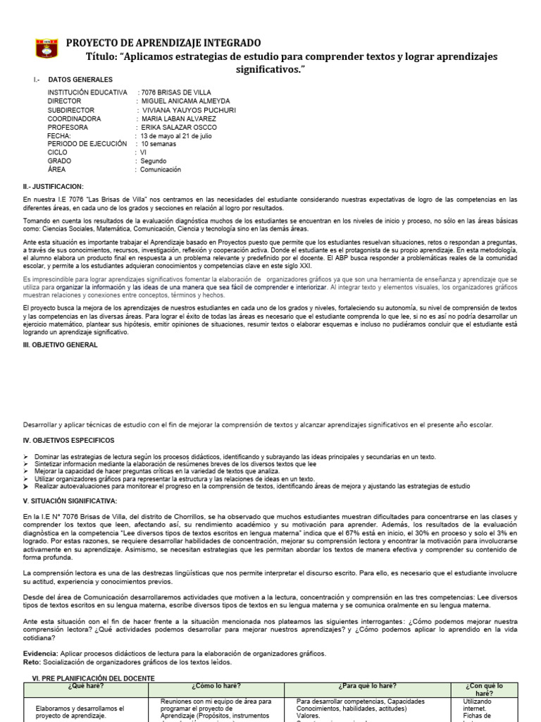 Segundo Año-Proyecto de Aprendizaje Integrado Ii Bimestre | PDF | Comprensión lectora | Aprendizaje