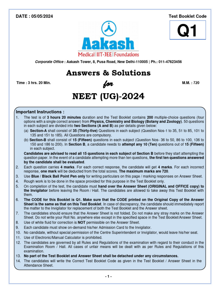 NEET 2024 Exam Instructions | PDF | Acceleration | Capacitance