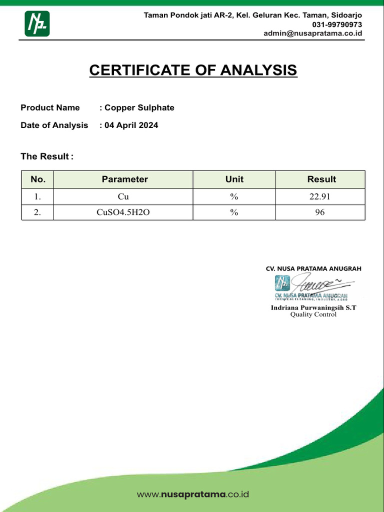 Copper Sulphate Certificate of Analysis | PDF