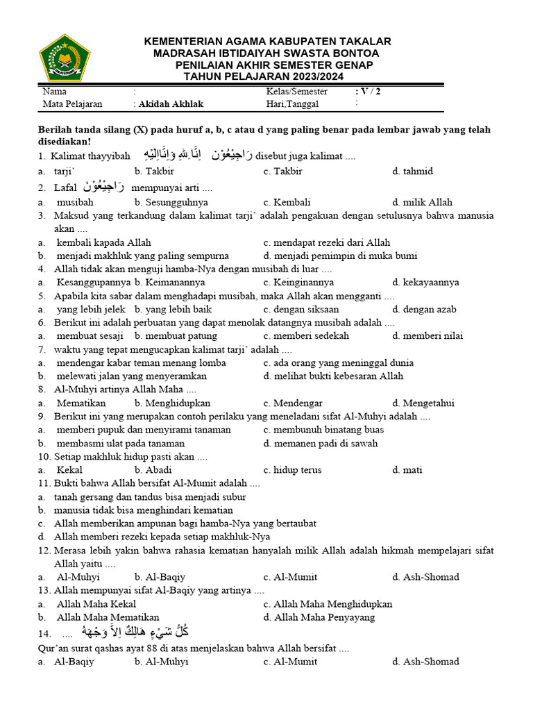 Soal PAT Kelas 5 - Akidah Akhlak | PDF
