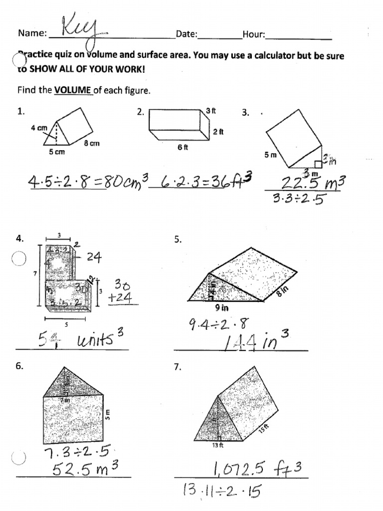 Area and Volume PRACTICE Quiz KEY | PDF