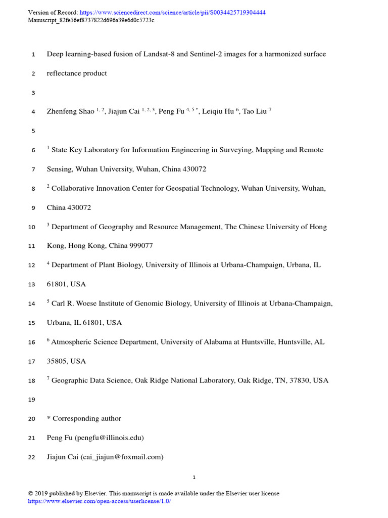 Deep Learning-Based Fusion of Landsat-8 and Sentinel-2 Images For A Harmonized Surface | PDF ...