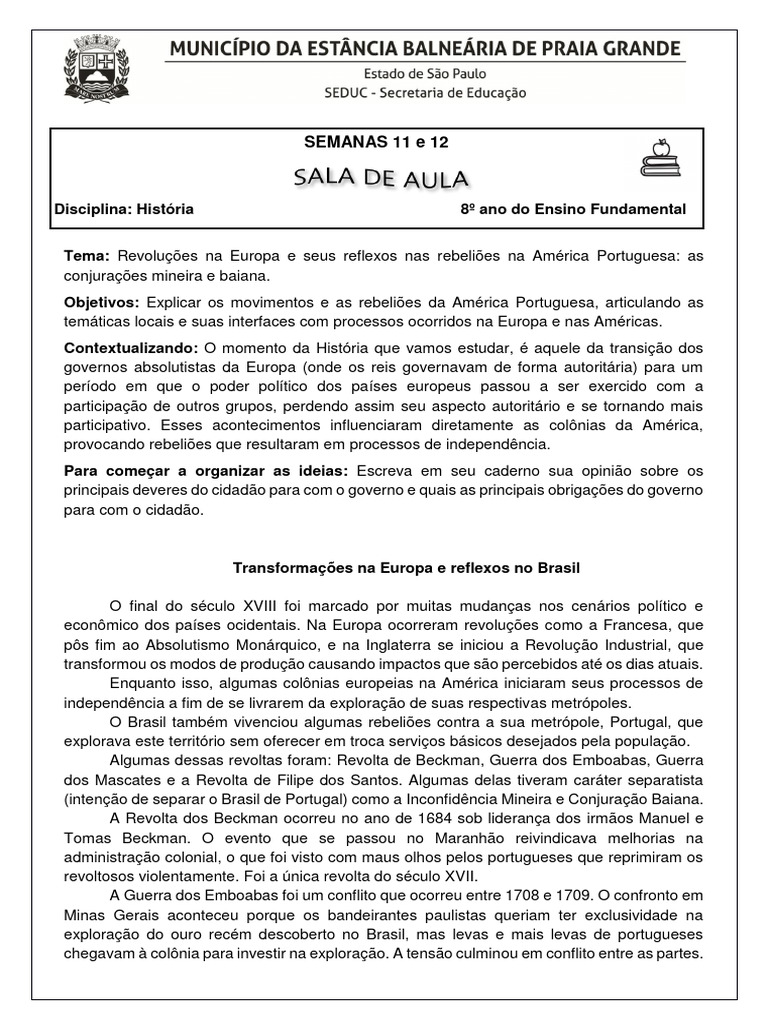 8º Ano-História - v2 - Semanas 11 e 12 | PDF | Brasil | Europa