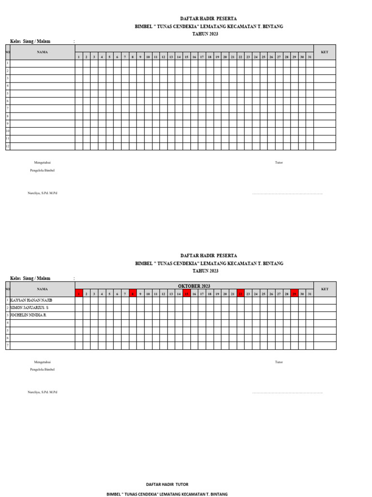 Daftar Hadir Bimbel Tunas Cendekia | PDF