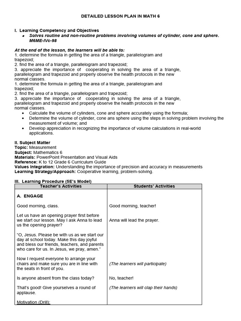 Math 6 Lesson Plan: Volume & Area | PDF | Area | Volume