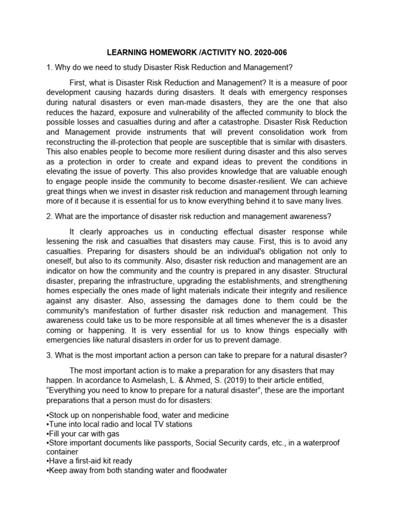 Learning Homework Activity No. 2020-006 | PDF | Disaster Risk Reduction ...